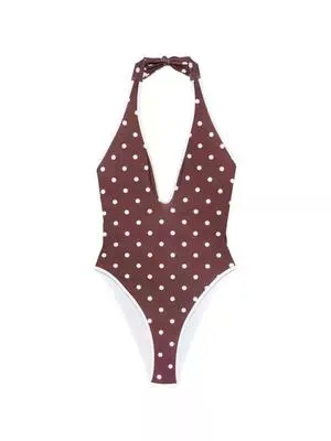 ROWEN ROSE V-neck Polka Dot One Piece Swimsuit - Brown