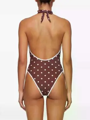 ROWEN ROSE V-neck Polka Dot One Piece Swimsuit - Brown