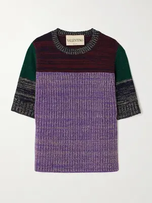 Valentino Garavani Color-block Metallic Ribbed Wool-blend Sweater - Purple