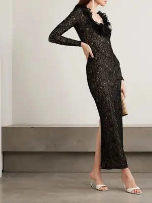Alessandra Rich Bow-embellished Ruffled Silk-organza Trimmed Lace Midi Dress