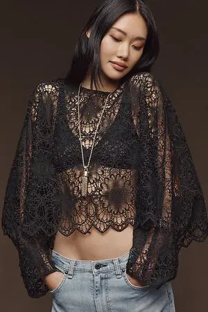 CURRENT AIR Cutwork Lace Poncho Top - Black