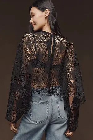 CURRENT AIR Cutwork Lace Poncho Top - Black