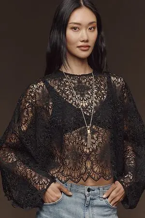 CURRENT AIR Cutwork Lace Poncho Top - Black