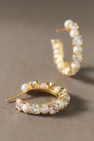 Anthropologie Crystal Pearl Hoop Earrings - Gold