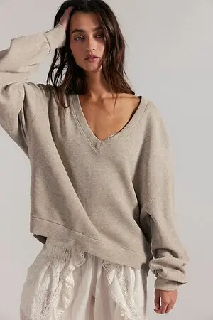 Free People We The Free Comfort Zone V-Neck Pullover Heather Grey