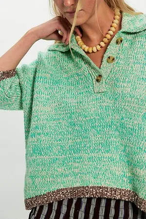 Free People On The Roll Knit Polo - Mint Combo