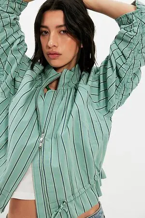 Free People Striped Balloon Jacket - Slate Combo