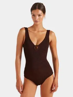 Hunza G Celine One Piece Swimsuit With Tonal Hoop Detail - Metallic Chocolate