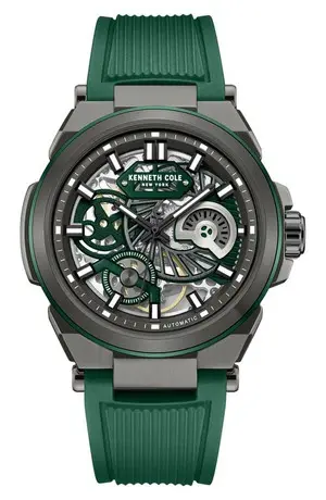KENNETH COLE Skeleton Automatic Silicon Strap Watch - Green
