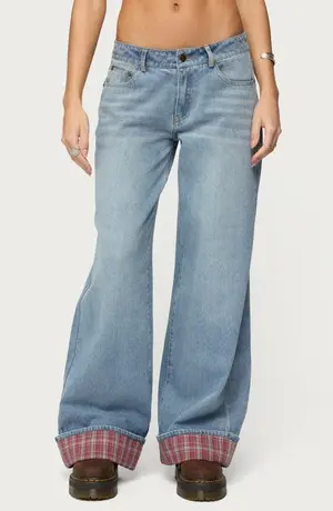 EDIKTED Plaid Cuff Baggy Jeans