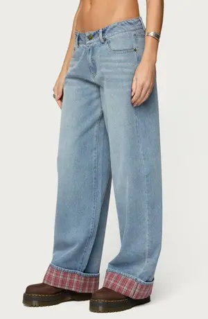 EDIKTED Plaid Cuff Baggy Jeans