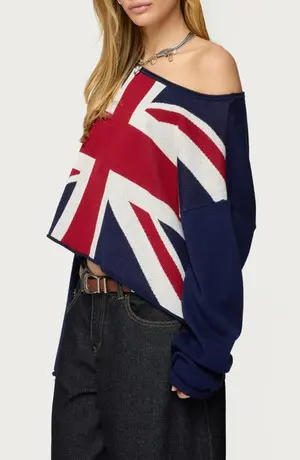 EDIKTED London Babe Off-the-shoulder Graphic Sweater