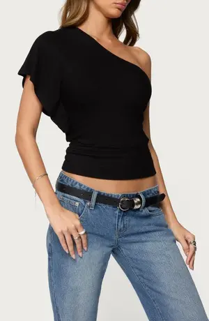 EDIKTED Ruched One-shoulder Crop Top - Black