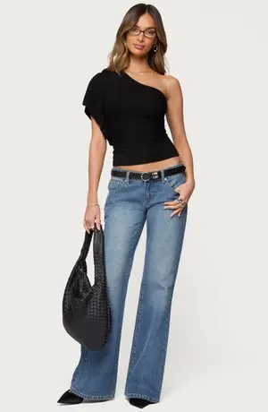 EDIKTED Ruched One-shoulder Crop Top - Black
