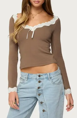 Lace Trim Long Sleeve Tops