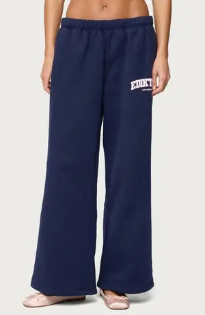 EDIKTED Wide Leg Graphic Sweatpants - Navy