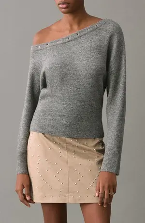 Mango Grommet One-Shoulder Top Medium Heather Grey