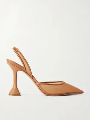 Amina Muaddi Holli Leather-trimmed Mesh Slingback Pumps - Brown