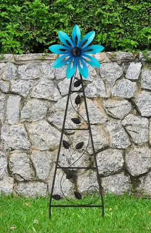 GLITZHOME 44"h Metal Flower Wind Spinner Yardstake - Blue