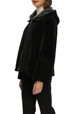 Gorski Genuine Shearling Zip Hooded Reversible Jacket - Black