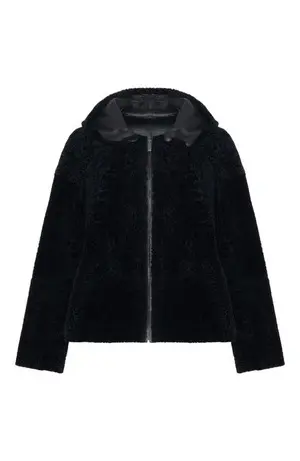 Gorski Genuine Shearling Zip Hooded Reversible Jacket - Black