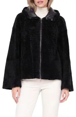 Gorski Genuine Shearling Zip Hooded Reversible Jacket - Black