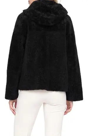 Gorski Genuine Shearling Zip Hooded Reversible Jacket - Black