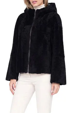 Gorski Genuine Shearling Zip Hooded Reversible Jacket - Black