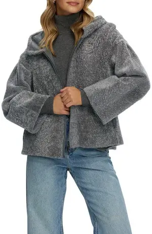 Gorski Genuine Shearling Zip Hooded Reversible Jacket - Gray