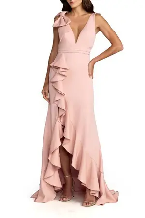 Mac Duggal Crepe Sleeveless Ruffled V-neck Gown With Bow - Blush