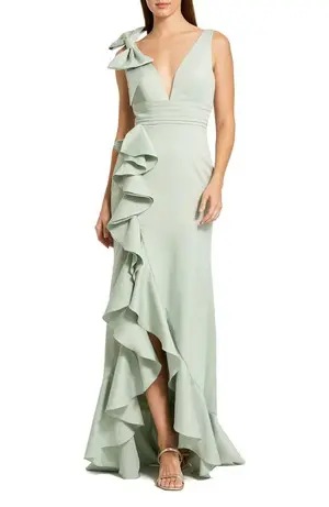 Mac Duggal Crepe Sleeveless Ruffled V-neck Gown With Bow - Sage