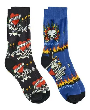 Ed Hardy Flaming Skull 360 Print Full Cushion Crew Sock 2-pack - Blue