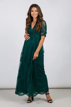 PINKBLUSH Lace Mesh Overlay Maternity Maxi Dress - Forest Green