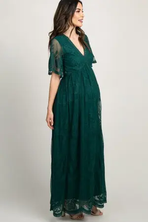 PINKBLUSH Lace Mesh Overlay Maternity Maxi Dress - Forest Green