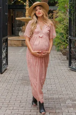 PINKBLUSH Lace Mesh Overlay Maternity Maxi Dress
