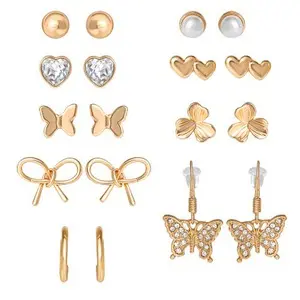 Jessica Simpson Bow, Butterfly & Pearl Stud & Hoop Earring Set - Gold
