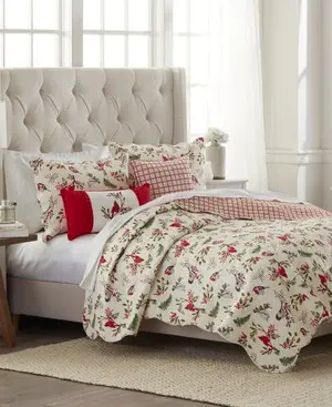 C&F HOME Sprig Birds Cardinal Christmas Cotton Quilt Set Reversible And Machine Washable - Red