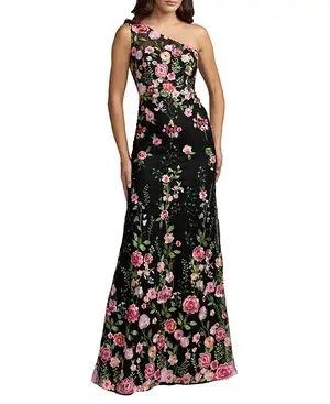 Mac Duggal Petite One-shoulder Floral Embroidered Gown - Black Multi