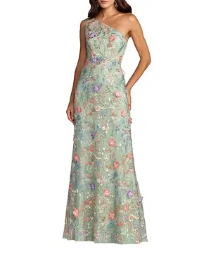 Mac Duggal Petite One-shoulder Floral Embroidered Gown - Sage Multi