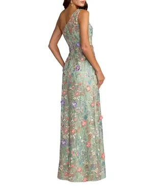 Mac Duggal Petite One-shoulder Floral Embroidered Gown - Sage Multi