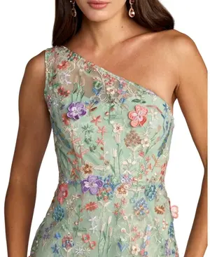 Mac Duggal Petite One-shoulder Floral Embroidered Gown - Sage Multi