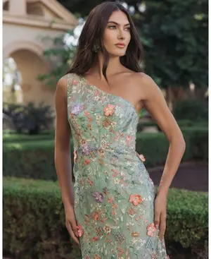 Mac Duggal Petite One-shoulder Floral Embroidered Gown - Sage Multi