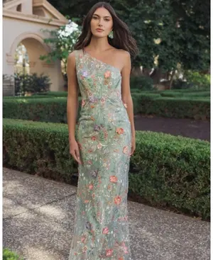 Mac Duggal Petite One-shoulder Floral Embroidered Gown - Sage Multi