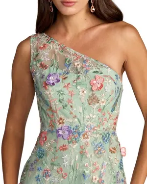 Mac Duggal Petite One-shoulder Floral Embroidered Gown - Sage Multi