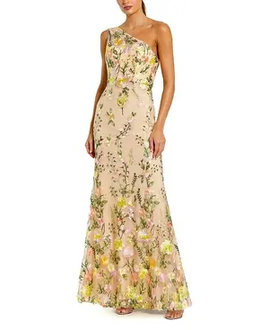 Mac Duggal Petite One-shoulder Floral Embroidered Gown - Yellow Multi