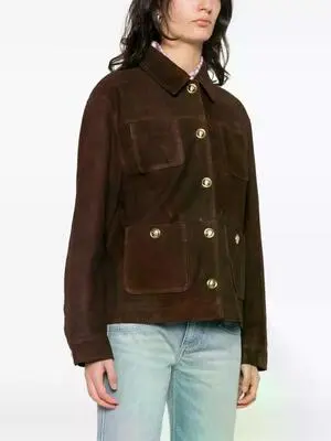 Sandro Buttoned Leather Jacket With Pockets - Brown