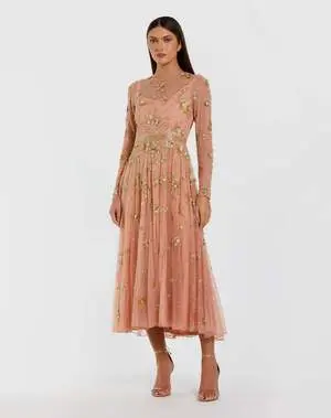 Mac Duggal Beaded Long Sleeve A-line Midi Dress