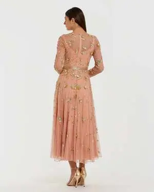 Mac Duggal Beaded Long Sleeve A-line Midi Dress