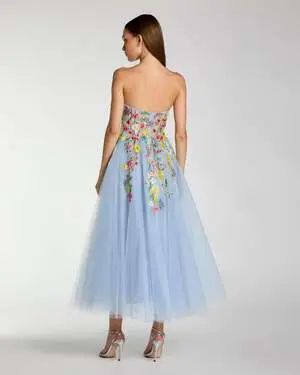 Mac Duggal Strapless Floral Embroidered A-line Midi Dress