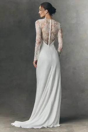 Jenny Yoo Satin Wedding Gown With Lace Yoke And Long Sleeves - Ivory
